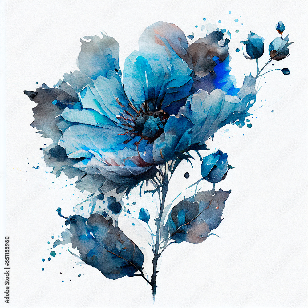 Abstract double exposure watercolor blue flower. Digital illustration ...