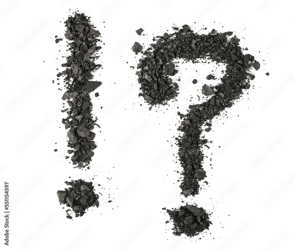 Black coal pile, exclamation mark and question mark, isolated on white ...