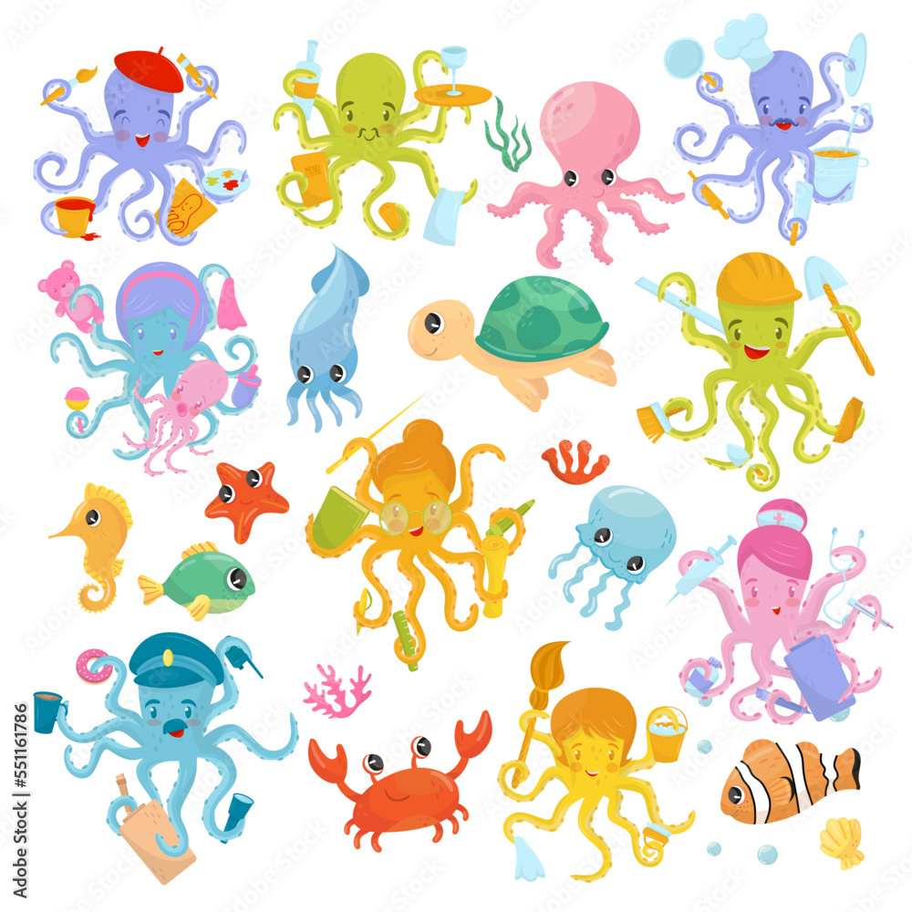 Funny Marine and Sea Animals with Octopus, Crab, Fish and Jellyfish ...