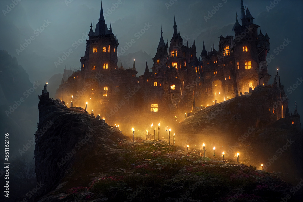 Fairytale mysterious old castle city dramatic lighting hyperrealistic ...