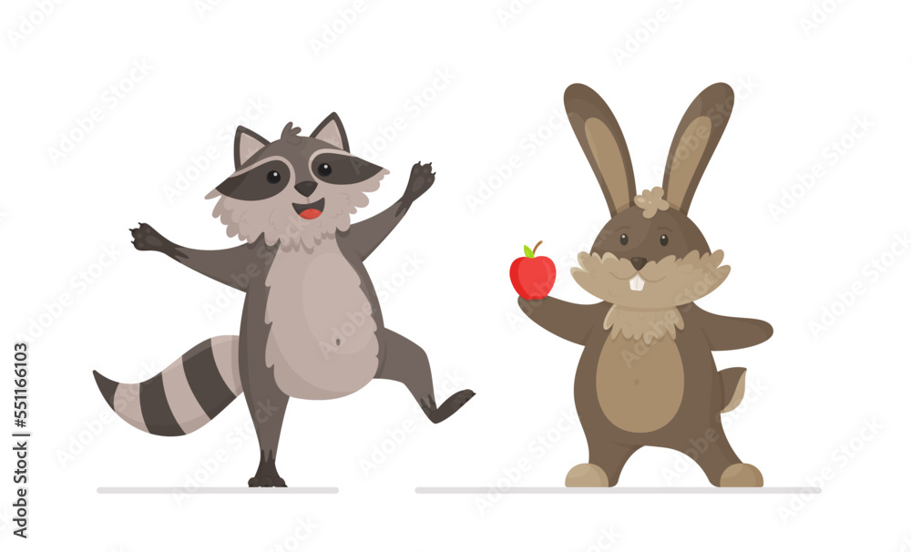 Rabbit and raccoon isolated on white background. Vector illustration of ...