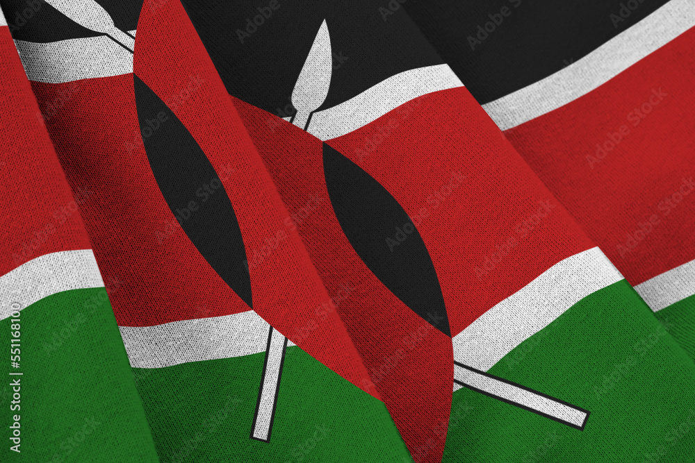 Kenya flag with big folds waving close up under the studio light ...