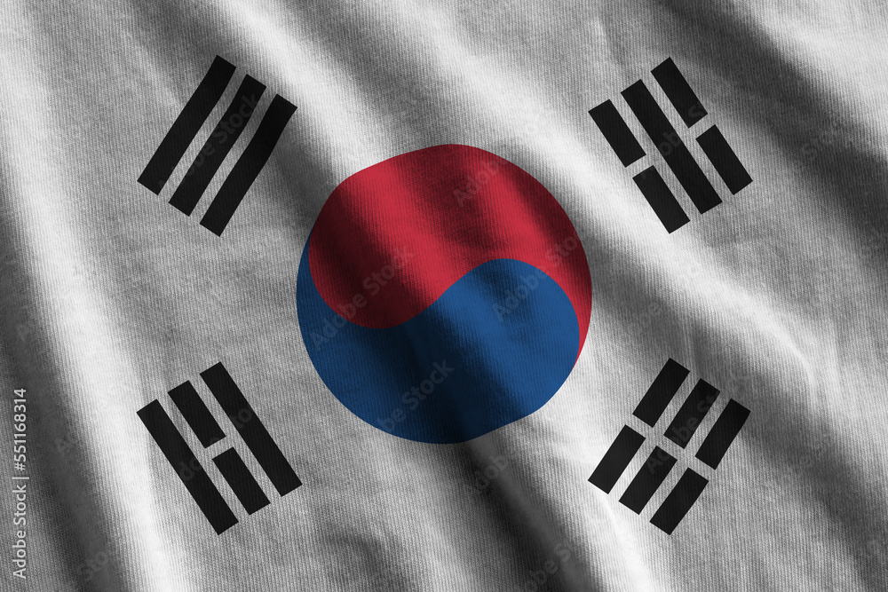 South Korea flag with big folds waving close up under the studio light ...