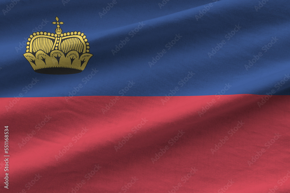 Liechtenstein flag with big folds waving close up under the studio ...