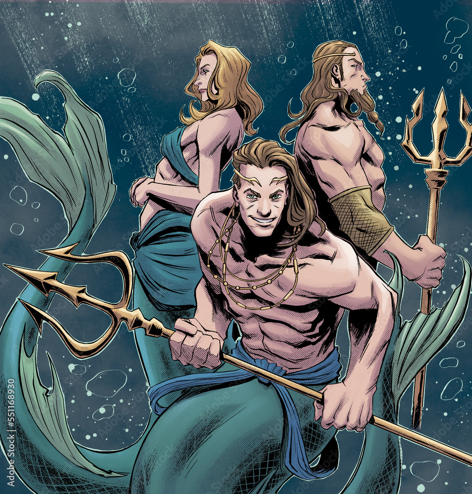 triton poseidon and amphitrite, triton and mermaid , mythological creatures Stock Illustration ...