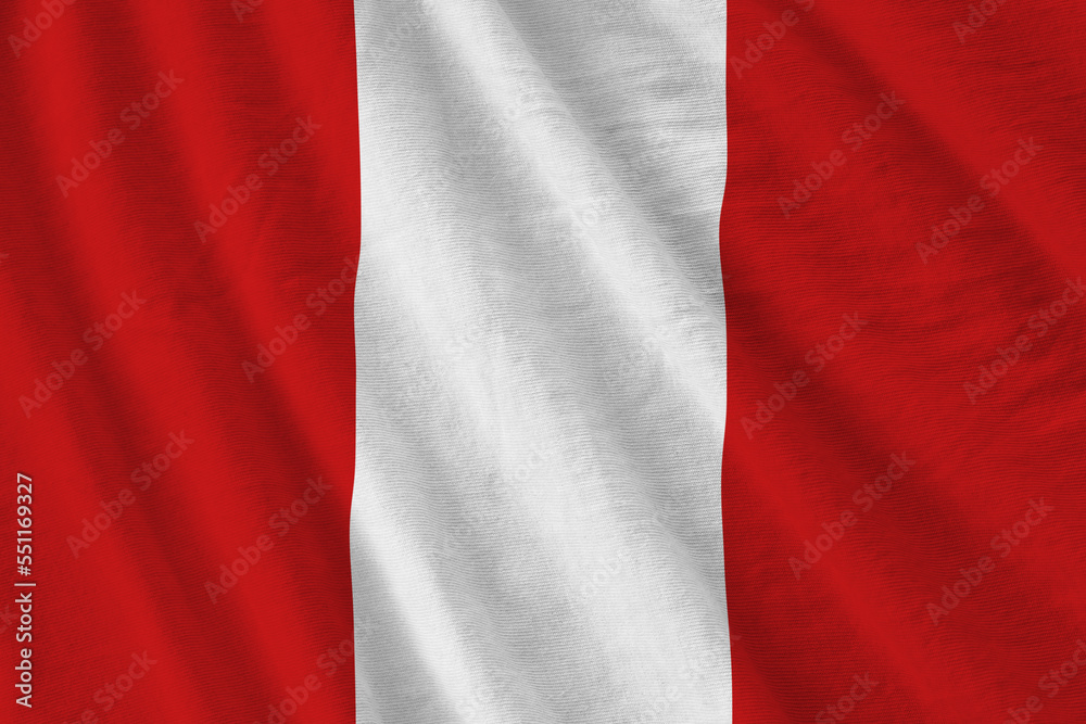 Peru flag with big folds waving close up under the studio light indoors ...