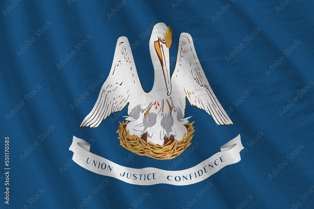 Louisiana US state flag with big folds waving close up under the studio ...