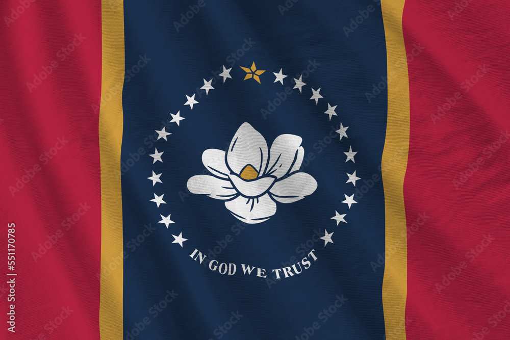 Mississippi new US state flag with big folds waving close up under the ...