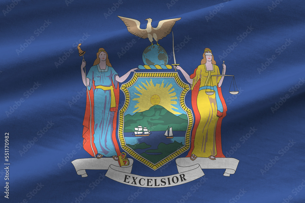 New York US state flag with big folds waving close up under the studio ...