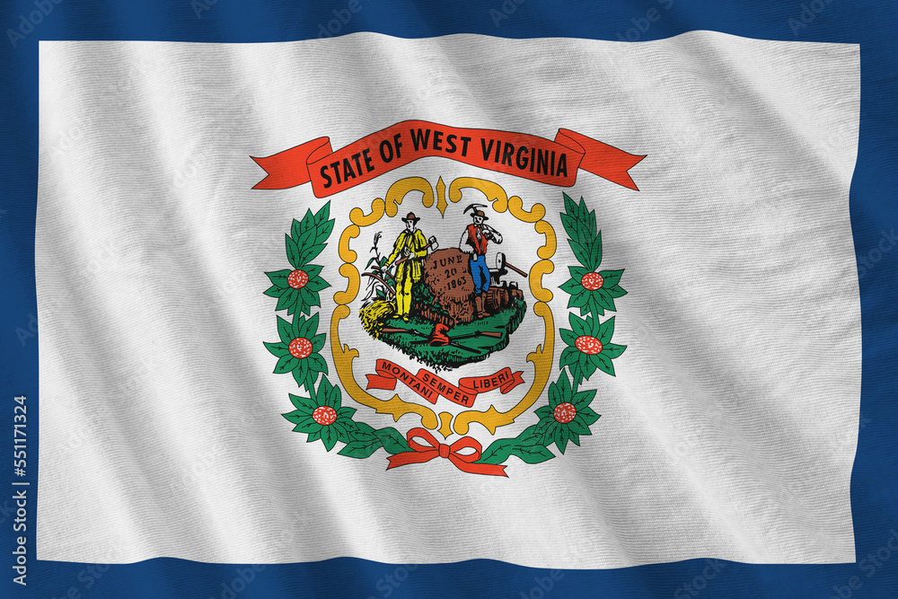 West Virginia US state flag with big folds waving close up under the ...