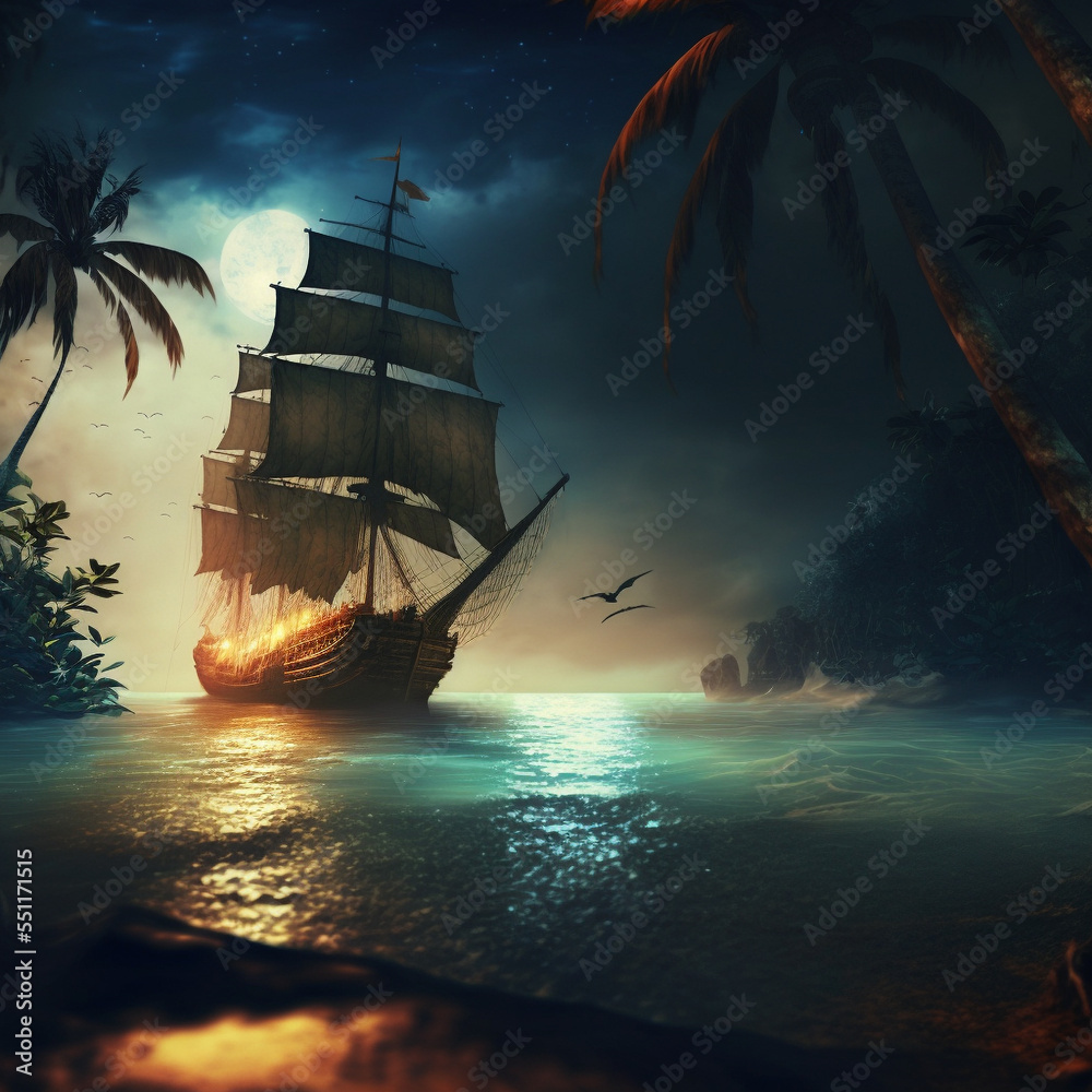 Concept art illustration of pirate ship at night Stock Illustration ...