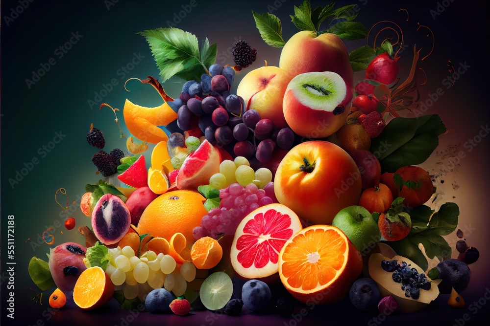 a bunch of fruit is shown in this artistic photo of a pile of fruit and ...