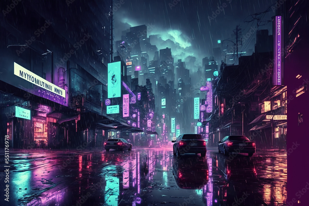 Wet streets in a futuristic neon city at night, abstract Stock ...