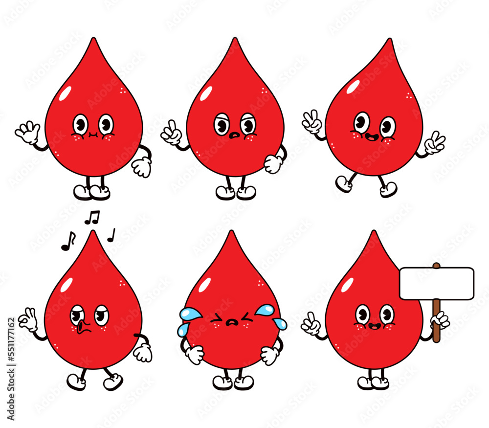 Funny cute blood drop characters bundle set. Vector hand drawn doodle ...