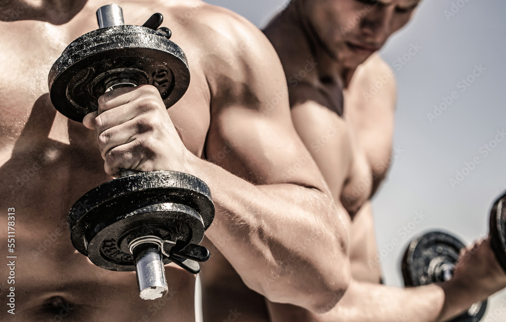 Dumbbell. Muscular bodybuilder guys, exercises with dumbbells. Muscles ...