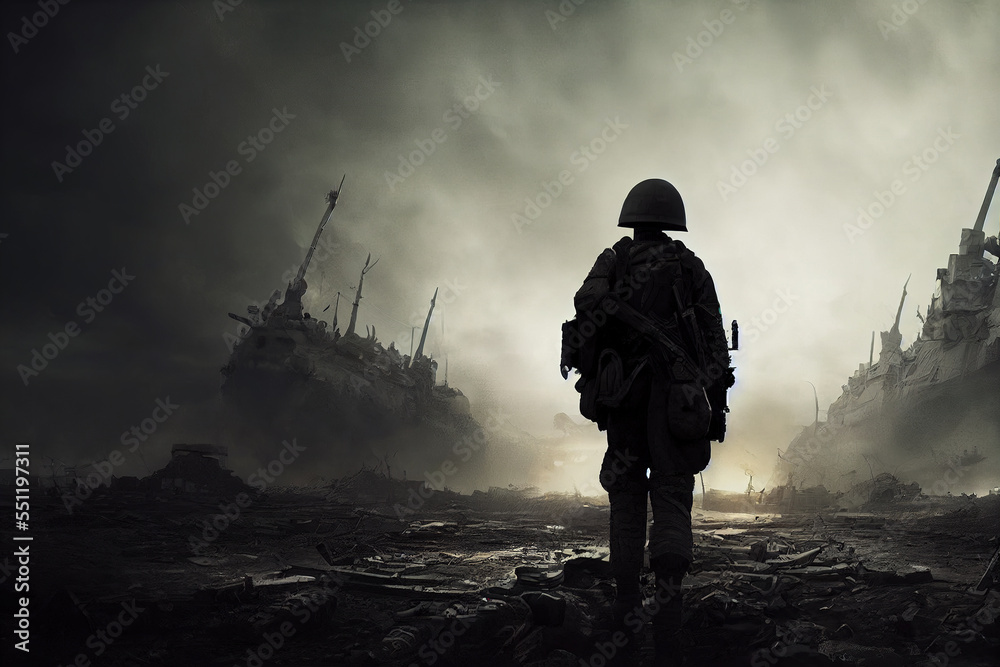 Splendid art of apocalyptic ruined landscape devastated by war ...