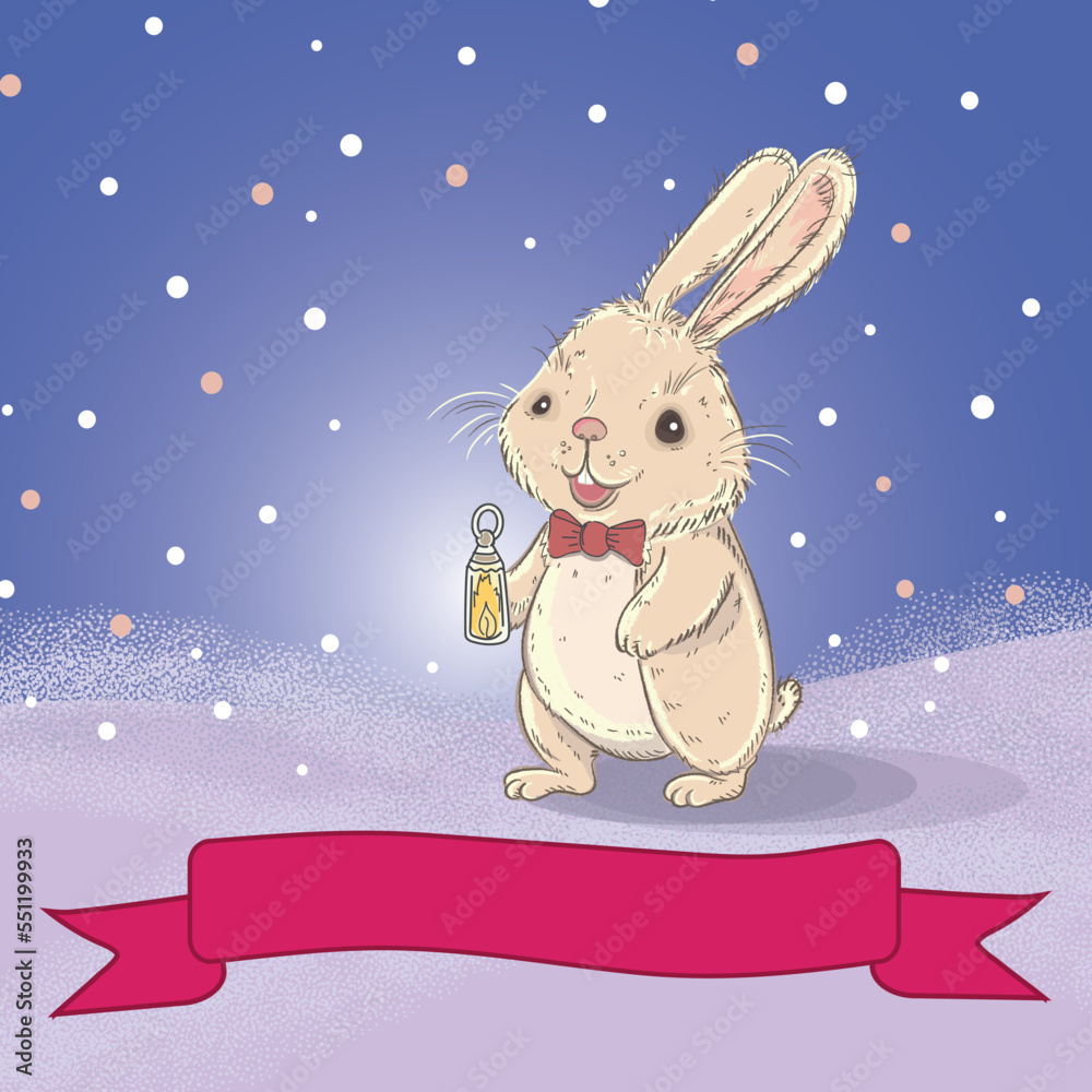 vector illustration, a merry bunny walks in the snow with a lamp in its ...