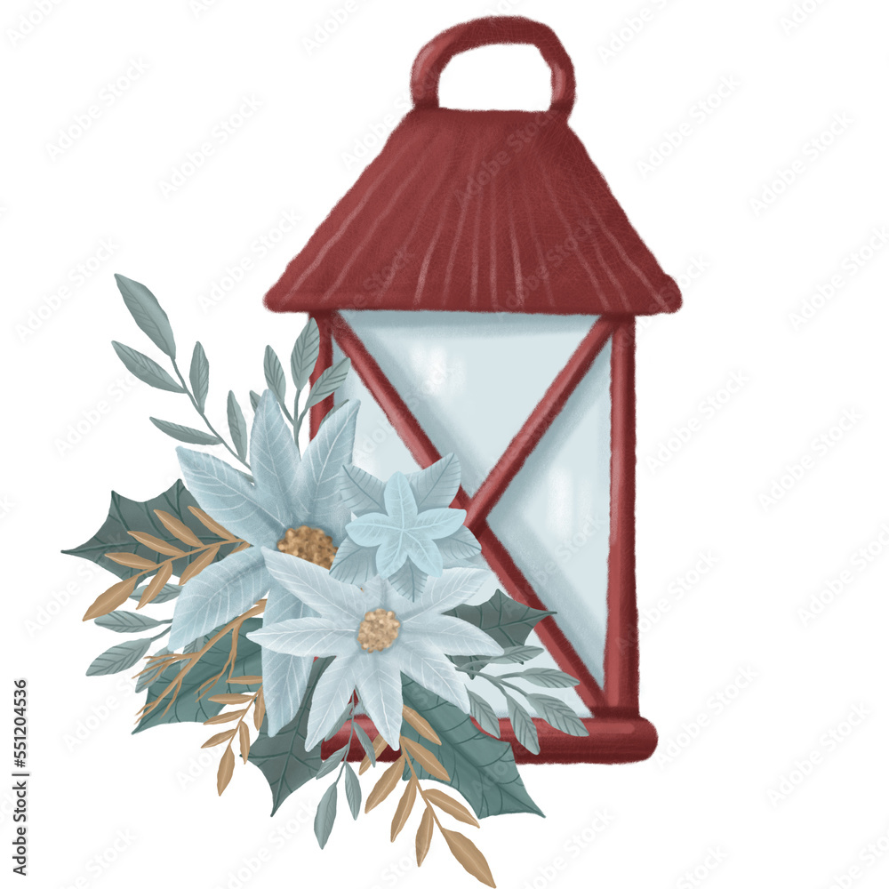 Christmas lantern with bouquet illustration Pencil hand drawing ...