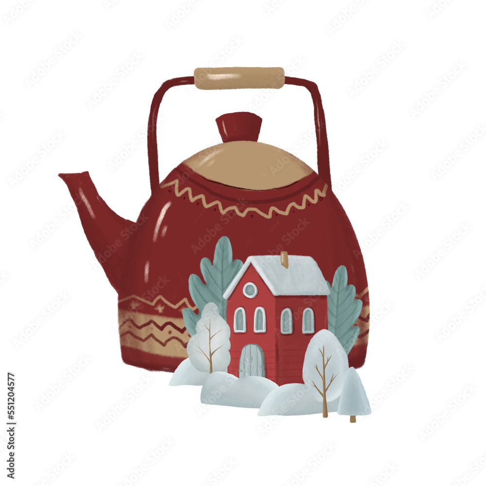 Pencil hand drawing cozy Christmas decorated teapot illustration ...