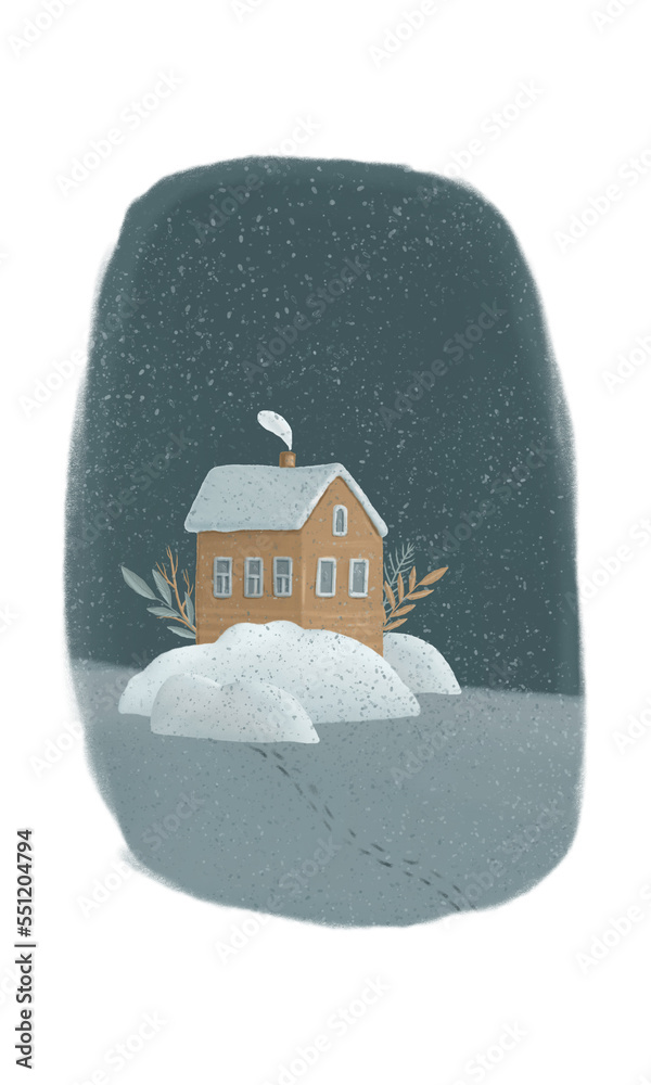 Pencil hand drawing cute winter cozy house illustration. Colorful ...
