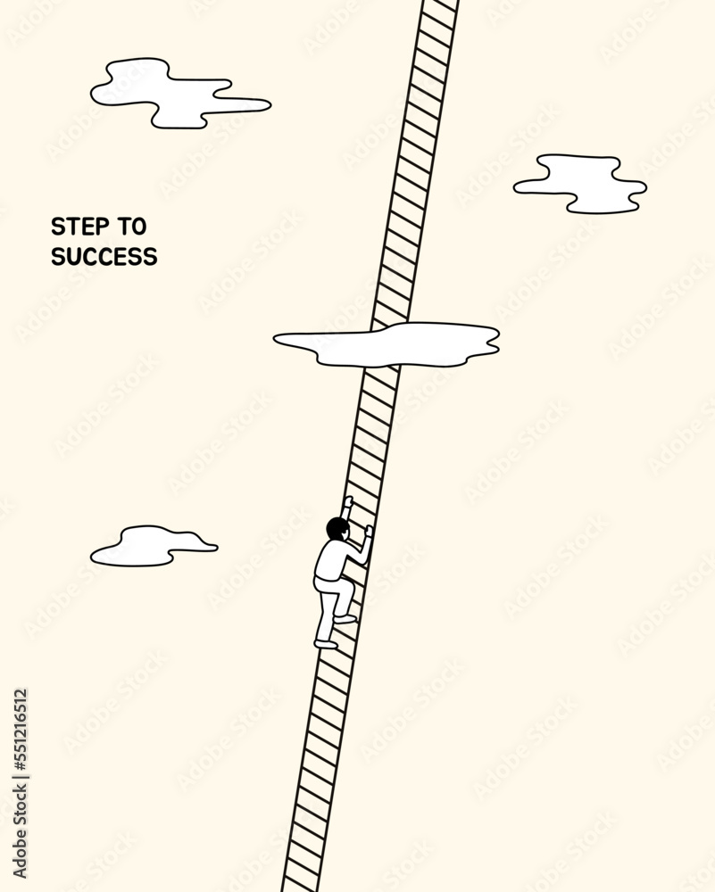 Man climbing up ladders that go high up in the sky. Challenge to climb ...