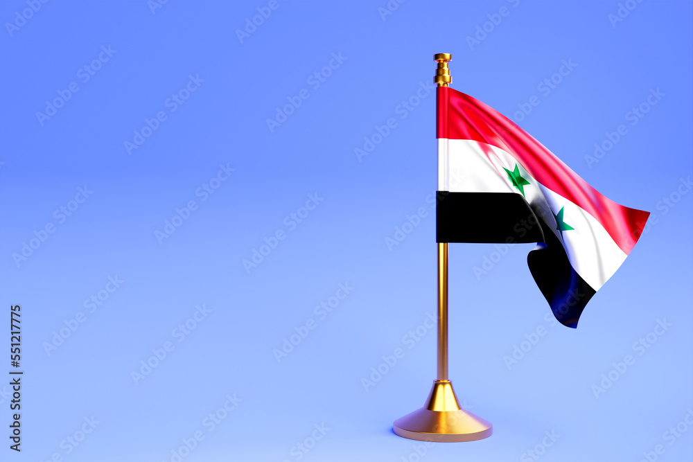 Realistic national flag of Syria. on steel pole on blue isolated ...