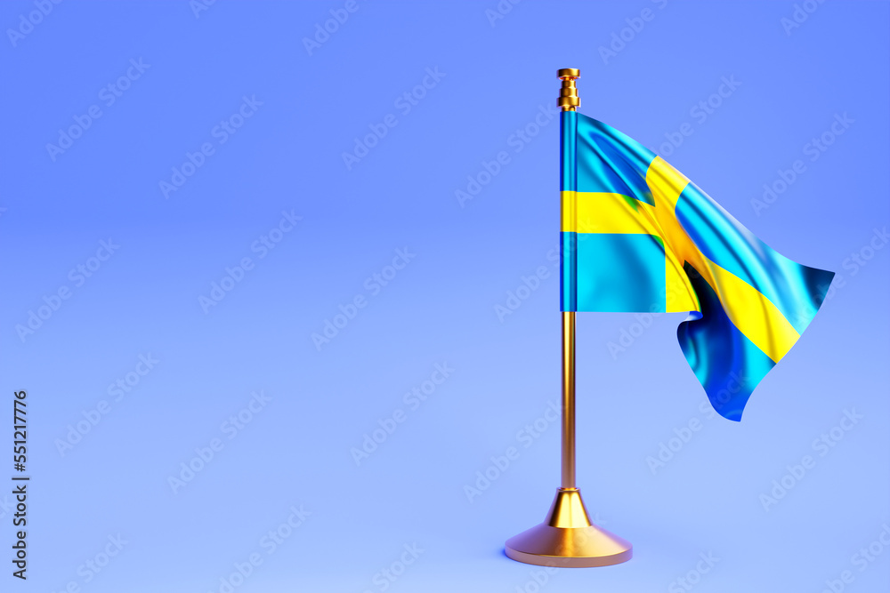 Realistic national flag of Sweden. on steel pole on blue isolated ...