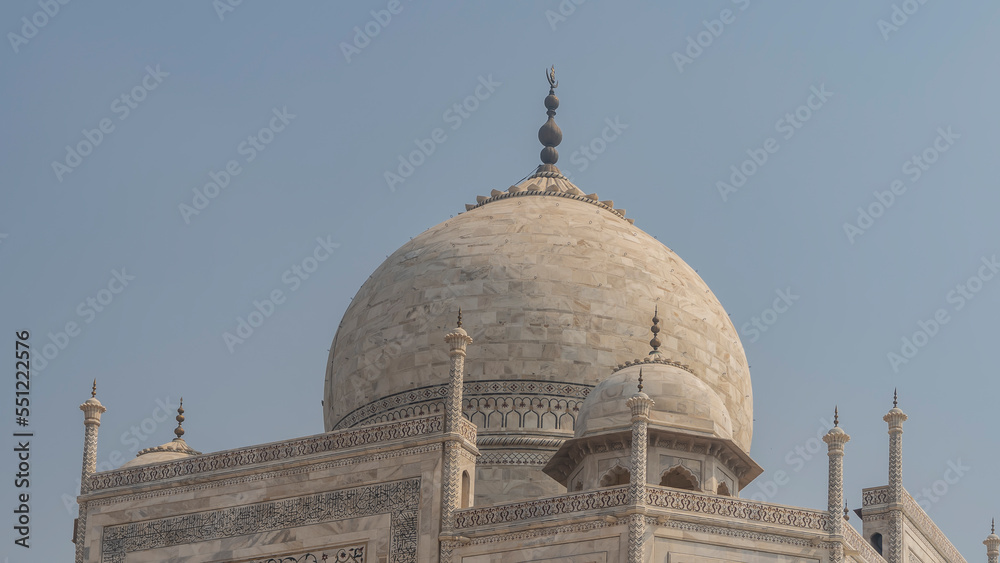 Details of the architecture of the beautiful ancient Taj Mahal. A white ...