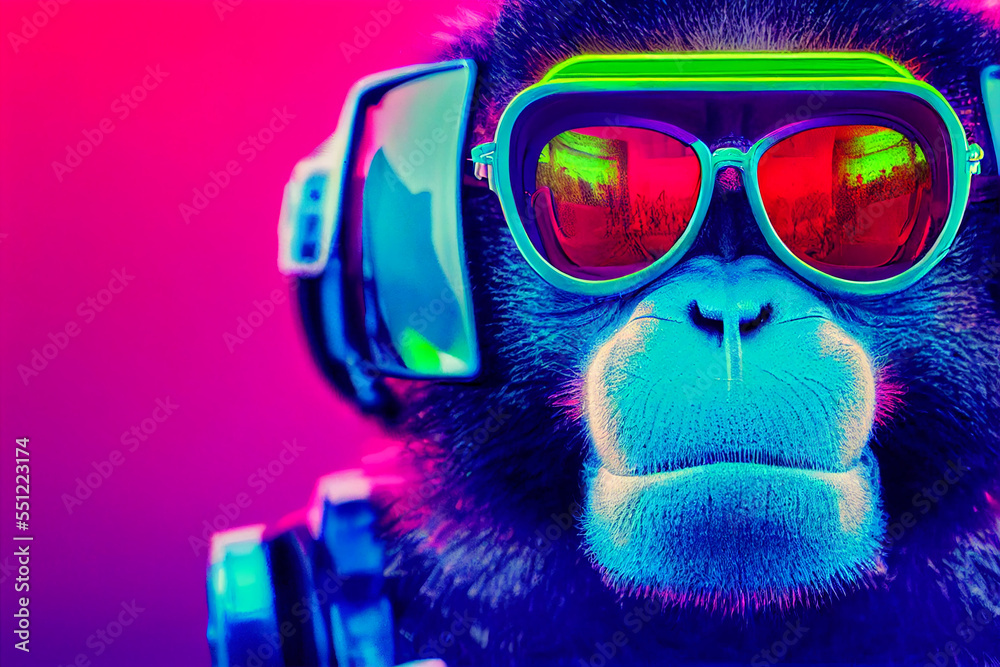 cyberpunk Chimpanzee with sunglasses, dressed in neon color clothes ...