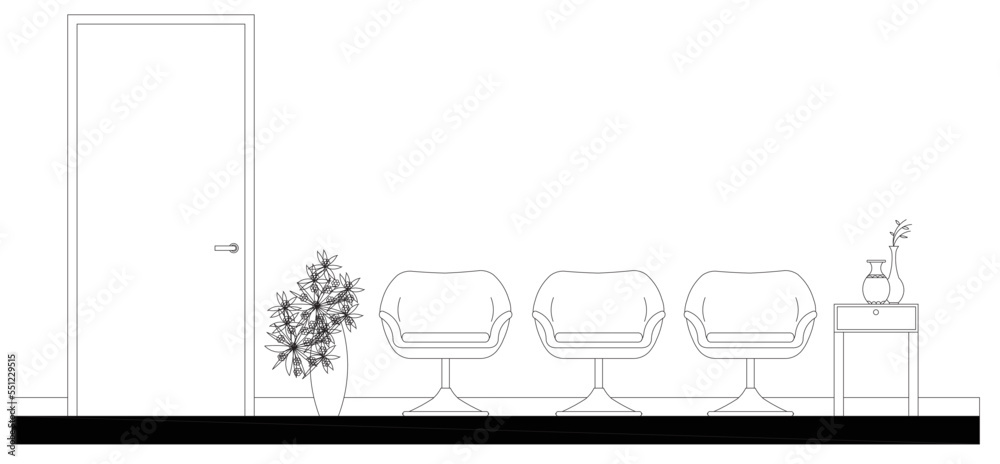 2D elevation graphics of the waiting room. A few waiting chairs are ...