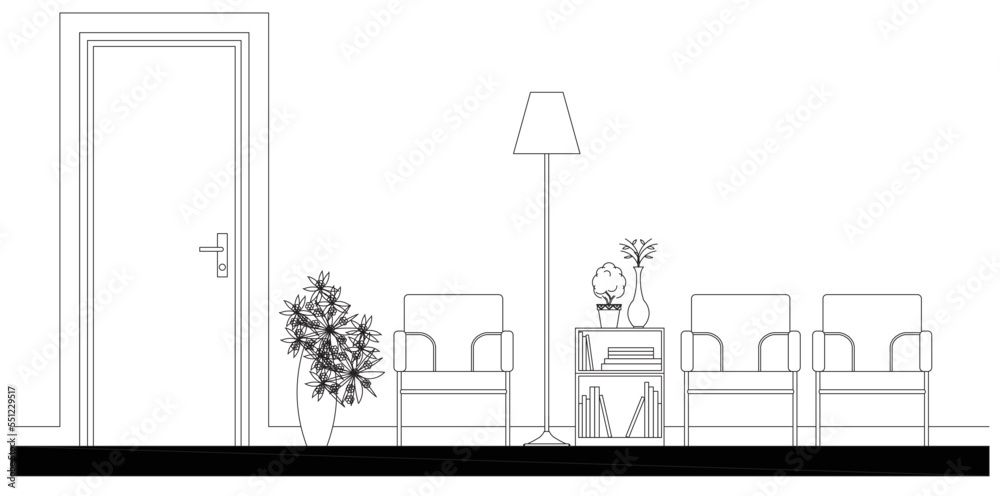 2D elevation graphics of the waiting room. A few waiting chairs are ...