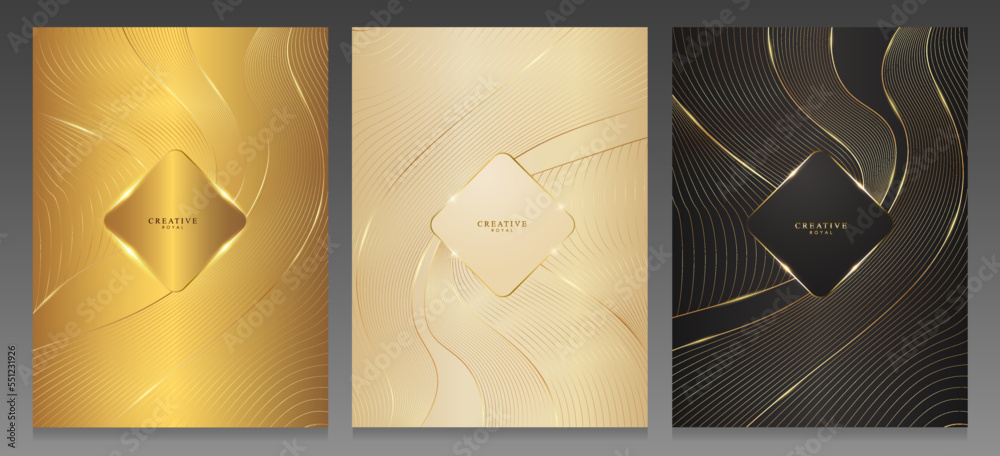 Luxury gold covers. Abstract geometric template with bright gold wavy ...