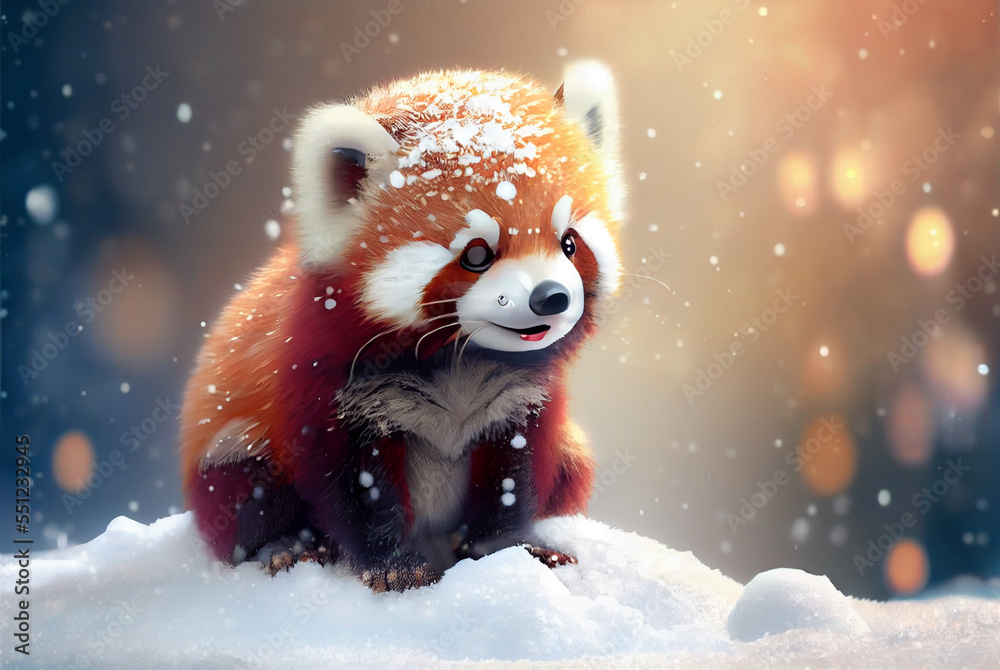 Cute Red Panda In Snow