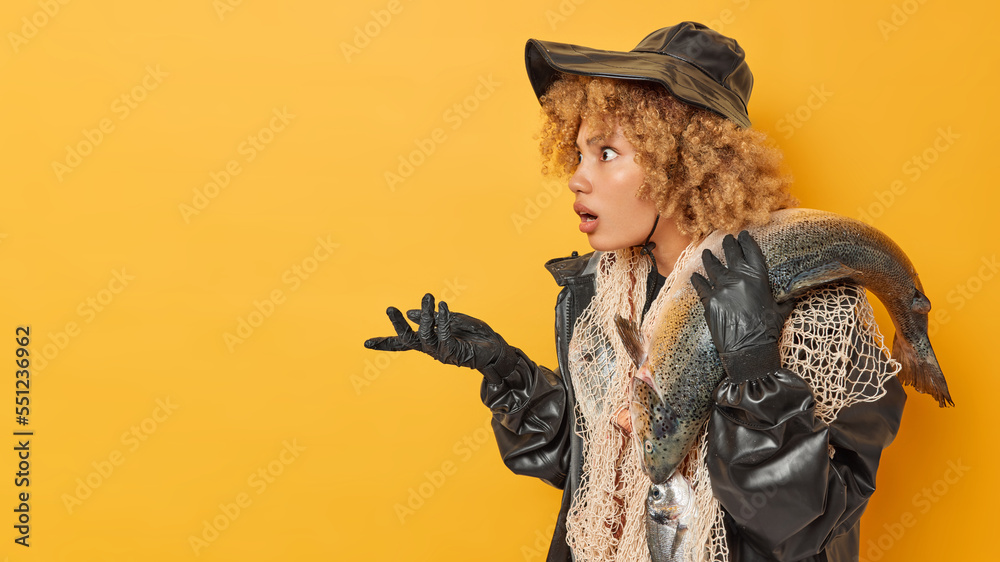 Confused hesitant curly haired woman returns after fishing trip with ...