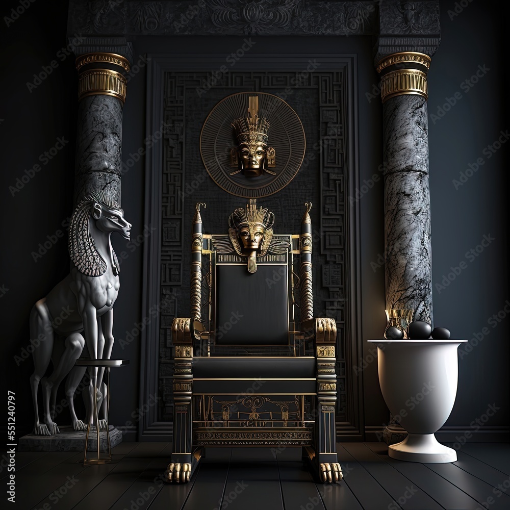 Throne of the Pharaoh. Black room interior in ancient Egyptian style ...