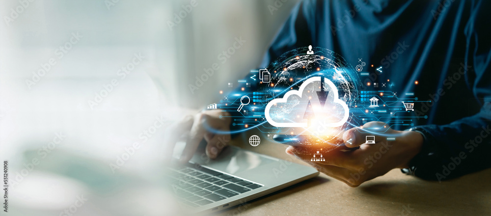 Business hand using smartphone with virtual popup icon of cloud ...