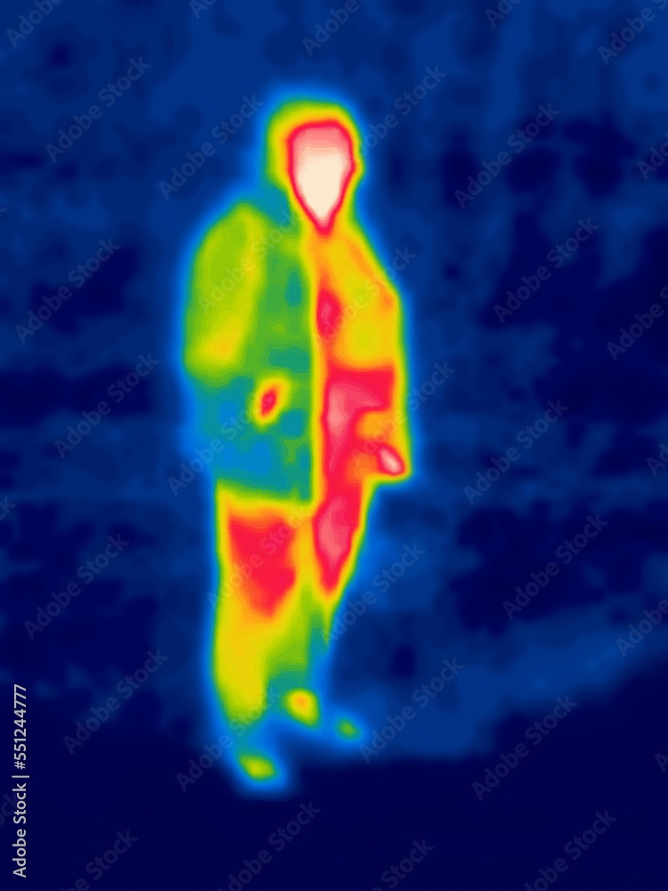 Standing waiting man. Image from thermal imager device. Modified ...