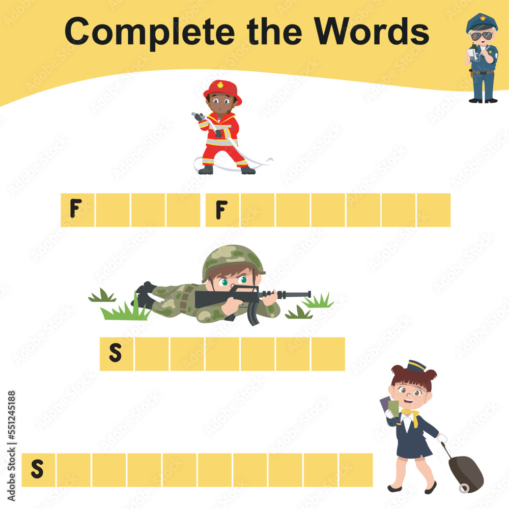 Vetor de What letters are missing? Complete the missing words ...