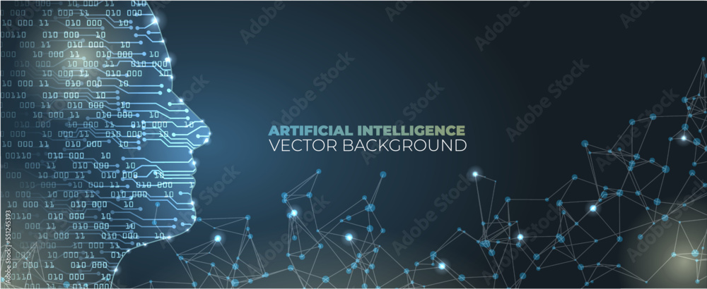 Artificial intelligence in humanoid head with neural network thinks. big data, analysis ...