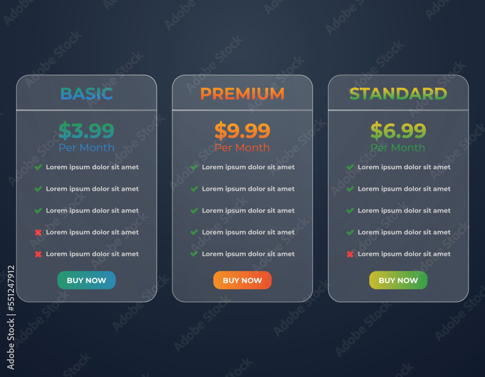 Modern glass morphism web pricing table comparison infographic chart ui ...