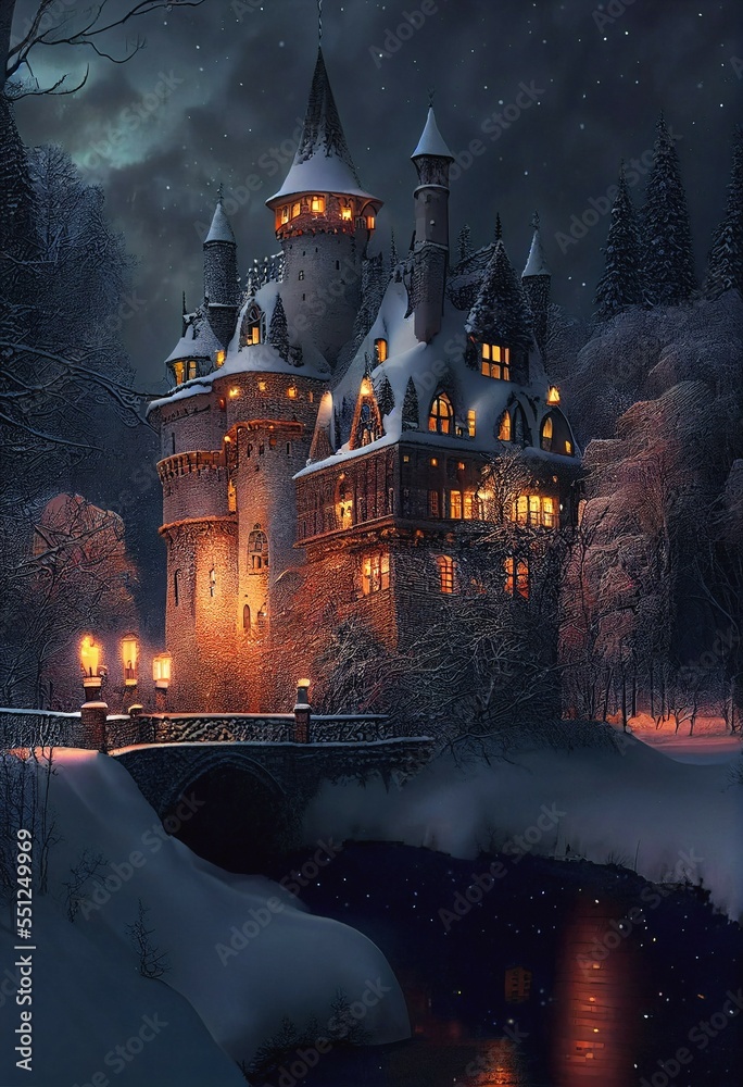Beautiful medieval castle manor house, fairy tale, winter scene, snow ...