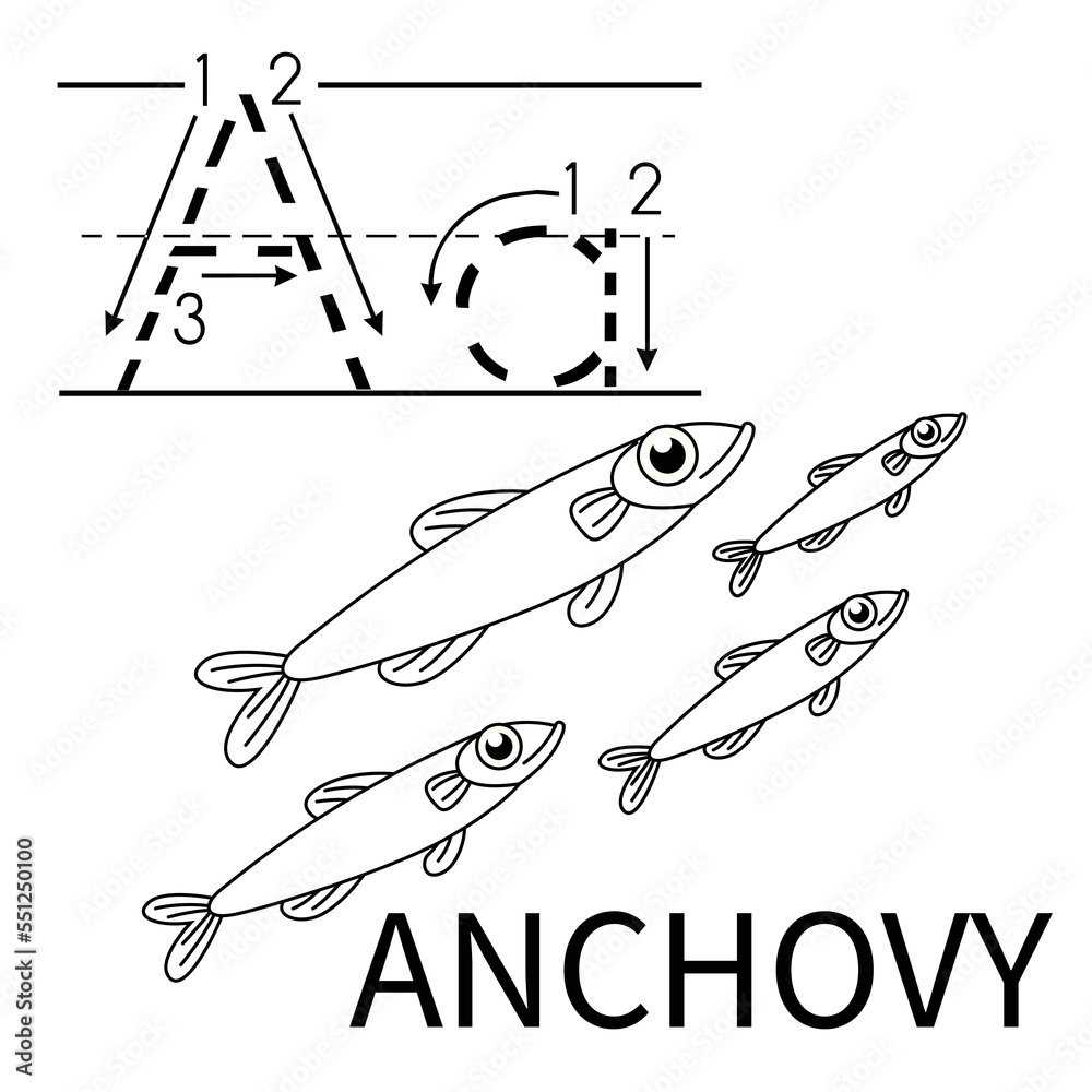 Cute Sea Animal Alphabet Series. A is for anchovy. Vector cartoon ...