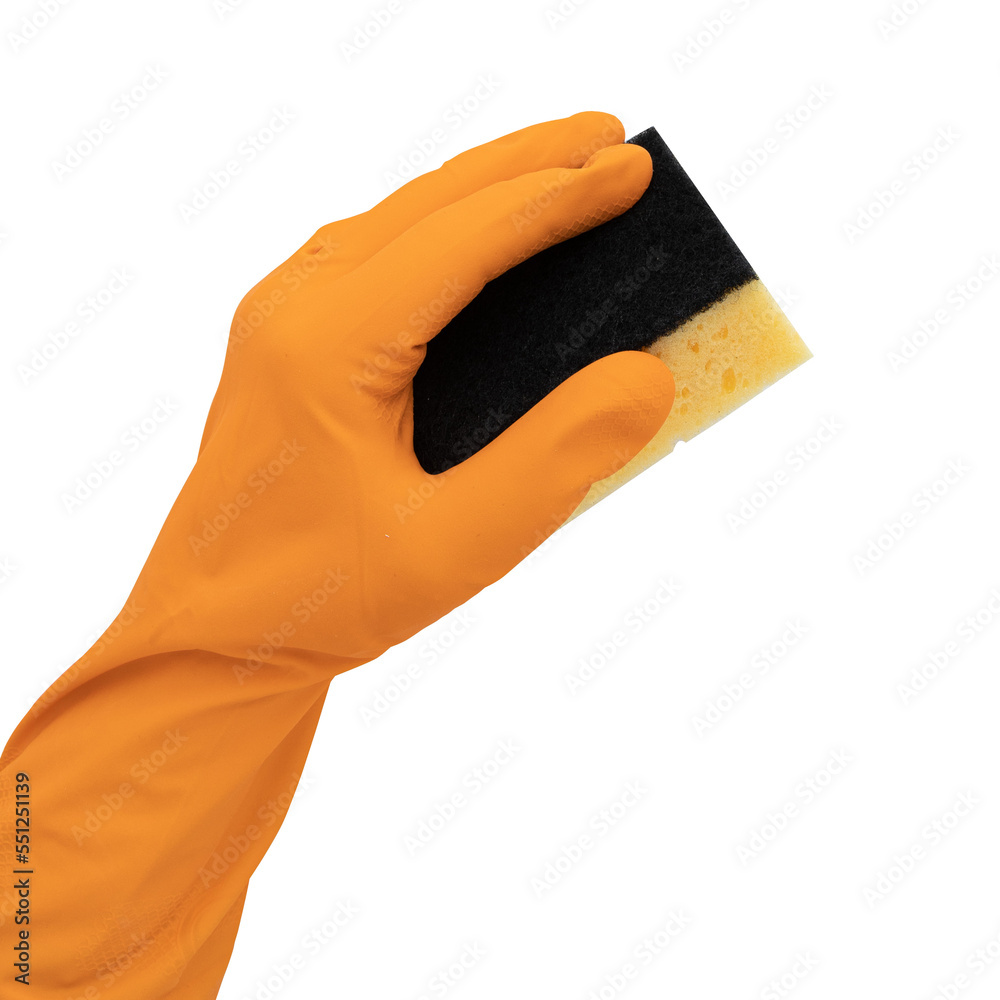 sponge for washing dishes in hand, hand in orange latex glove holding ...