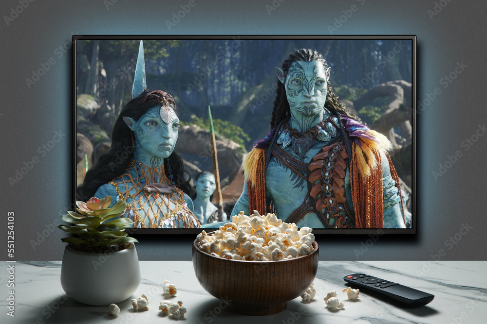 TV screen playing Avatar the way of water trailer or movie. TV with ...