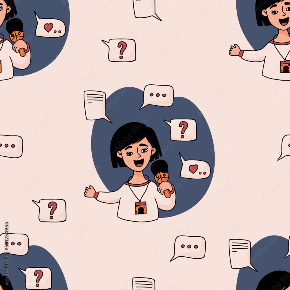 Seamless pattern with girl journalist reporter with microphone on light ...