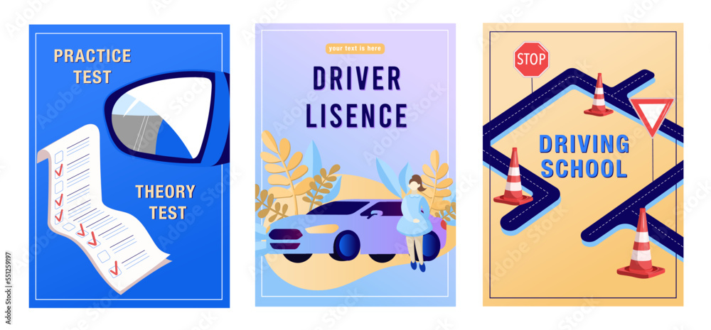Set of flyers for driving school, Getting drivers liscense, traffic ...