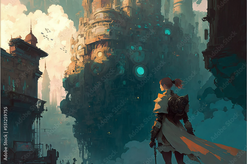 Steampunk Girl Character Design Concept Art Digital Illustration Cyberpunk Style City Anime
