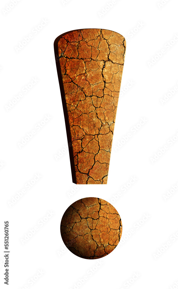 Exclamation mark symbol from dry cracked soil isolated on transparent ...