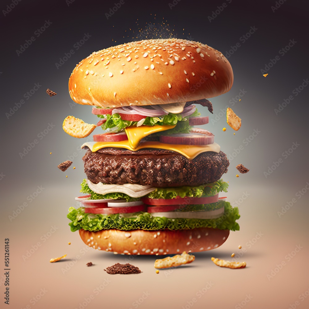 Dismantled burger floating in the air food photography Stock ...