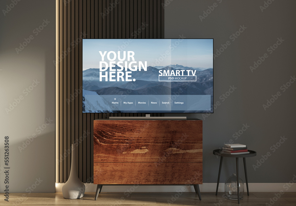 Large Smart Tv mockup on chest in room Stock Template | Adobe Stock